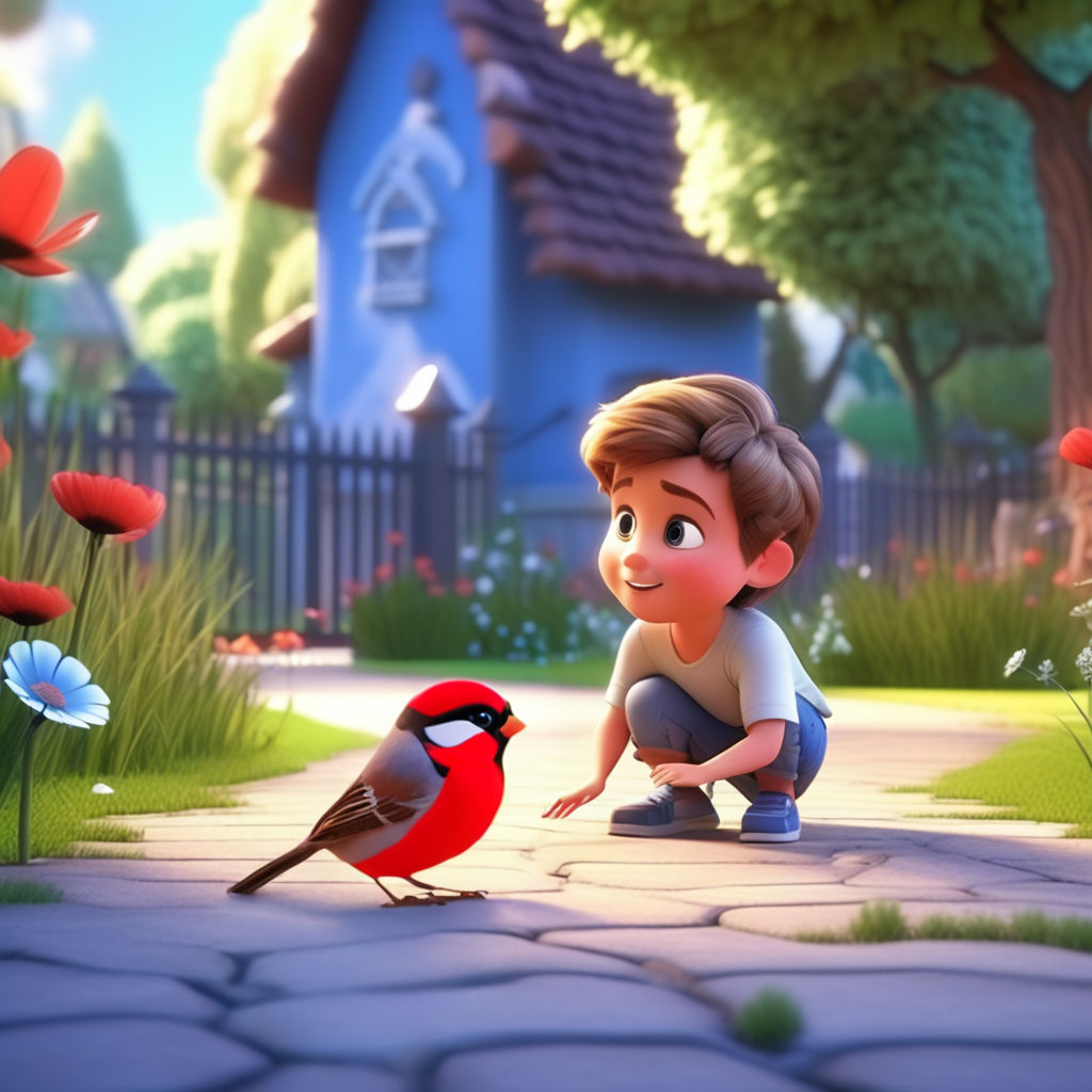 The little boy sees a tiny injured sparrow on the ground in ... by ...