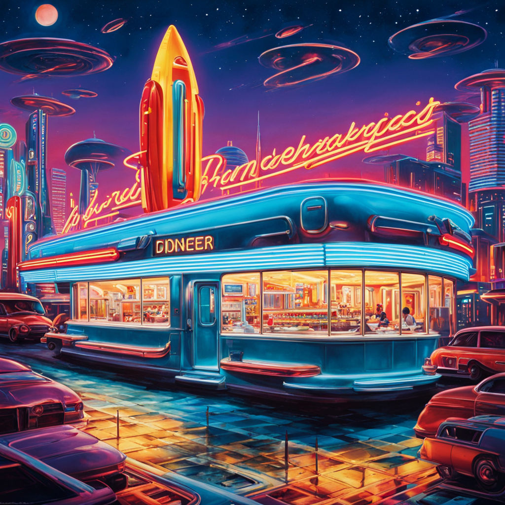 The image features a bustling retro fast-food diner prominen... by ...