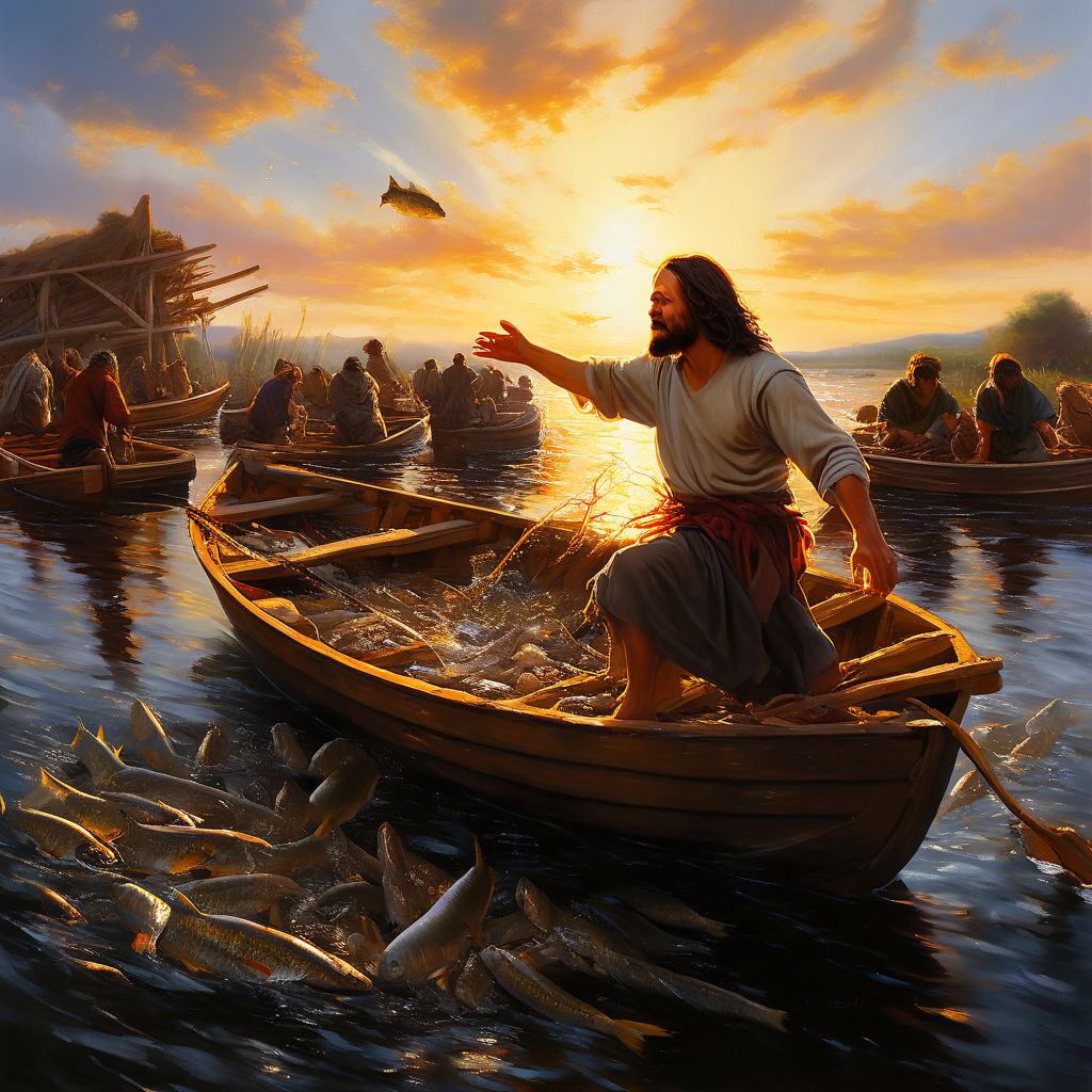 Fishing scene capturing the moment Jesus catches an abundanc... by De ...