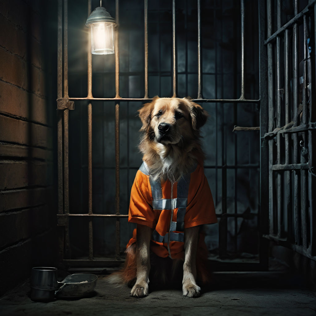 Have a scene with a dog in a prison cell. the dog has prison... by ...