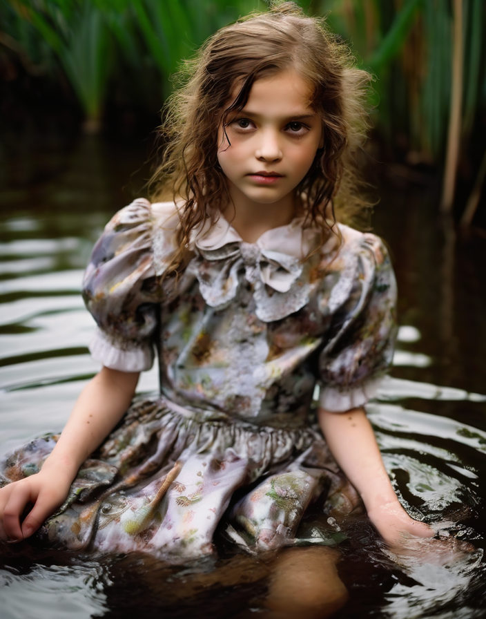 12 yo girl chest deep in water in her finest fancy silk eas... by David ...