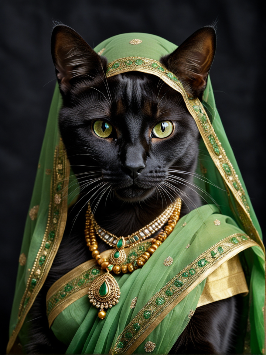 A portrait of a black cat dressed as an Indian woman by Irina Tsebro ...