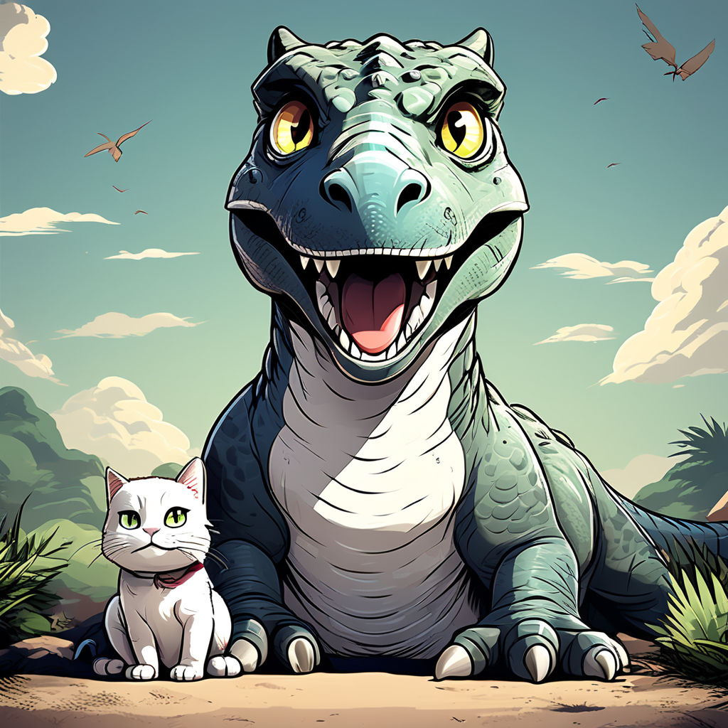 Create an image in graphic novel style of a dinosaur and cat... by ...