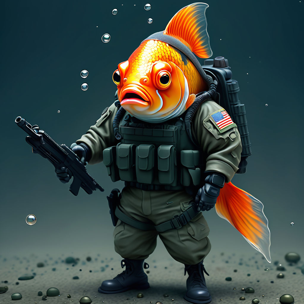 An unhappy goldfish man wearing military tactical gear. by work noah ...