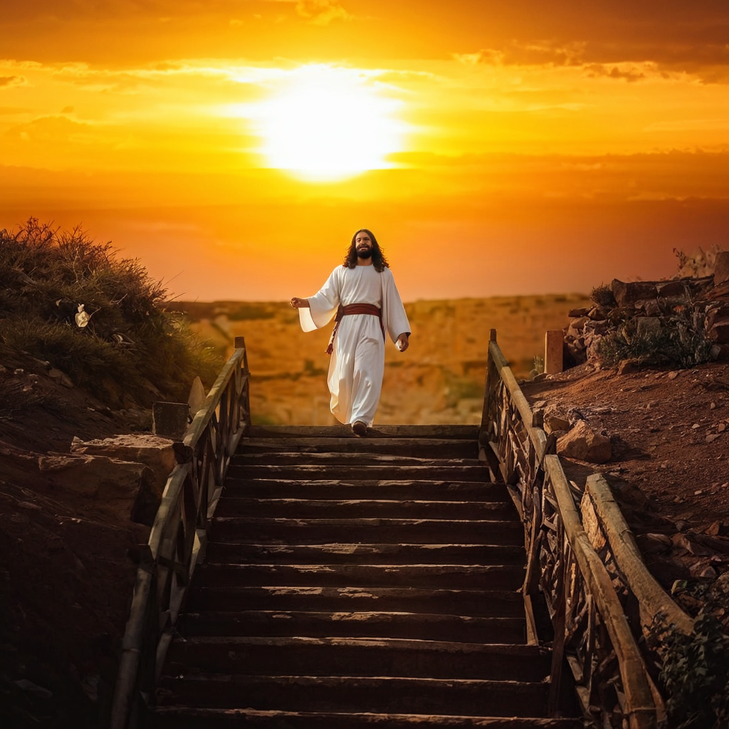 Jesus Christ walking down the stairs with a smile face and t... by JB ...
