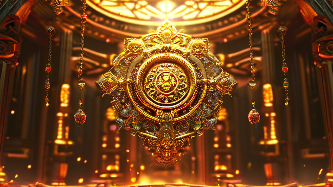 A mystical amulet radiating with opulent golden coins and ri... by ...