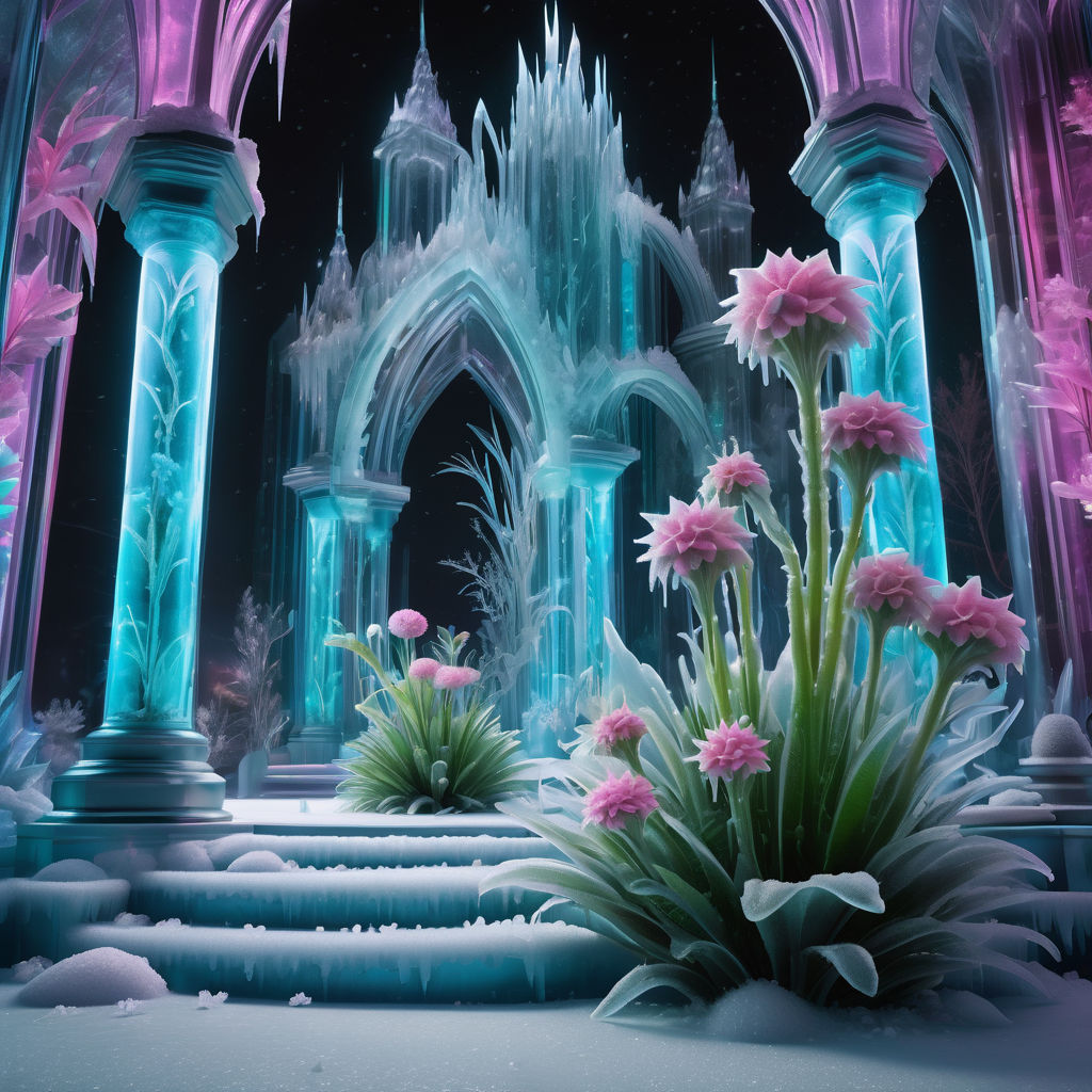 Frozen winter and digital neon lit architecture Depict a ... by AI ...