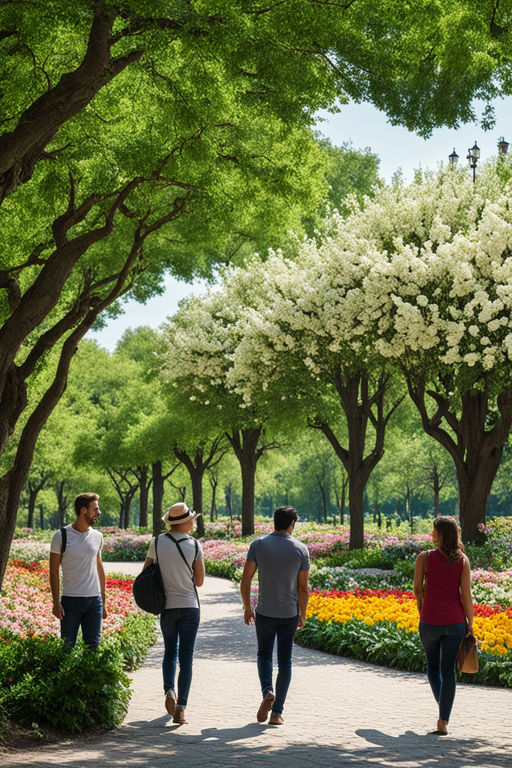 Escena de un parque soleado con árboles y flores. Persona ca... by El ...