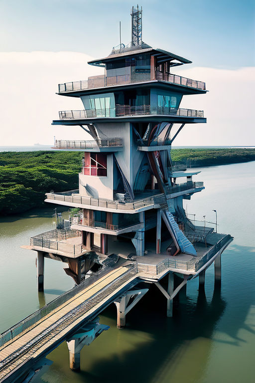 Aerial view of unusual stilt building built from fuso bridge... by ...