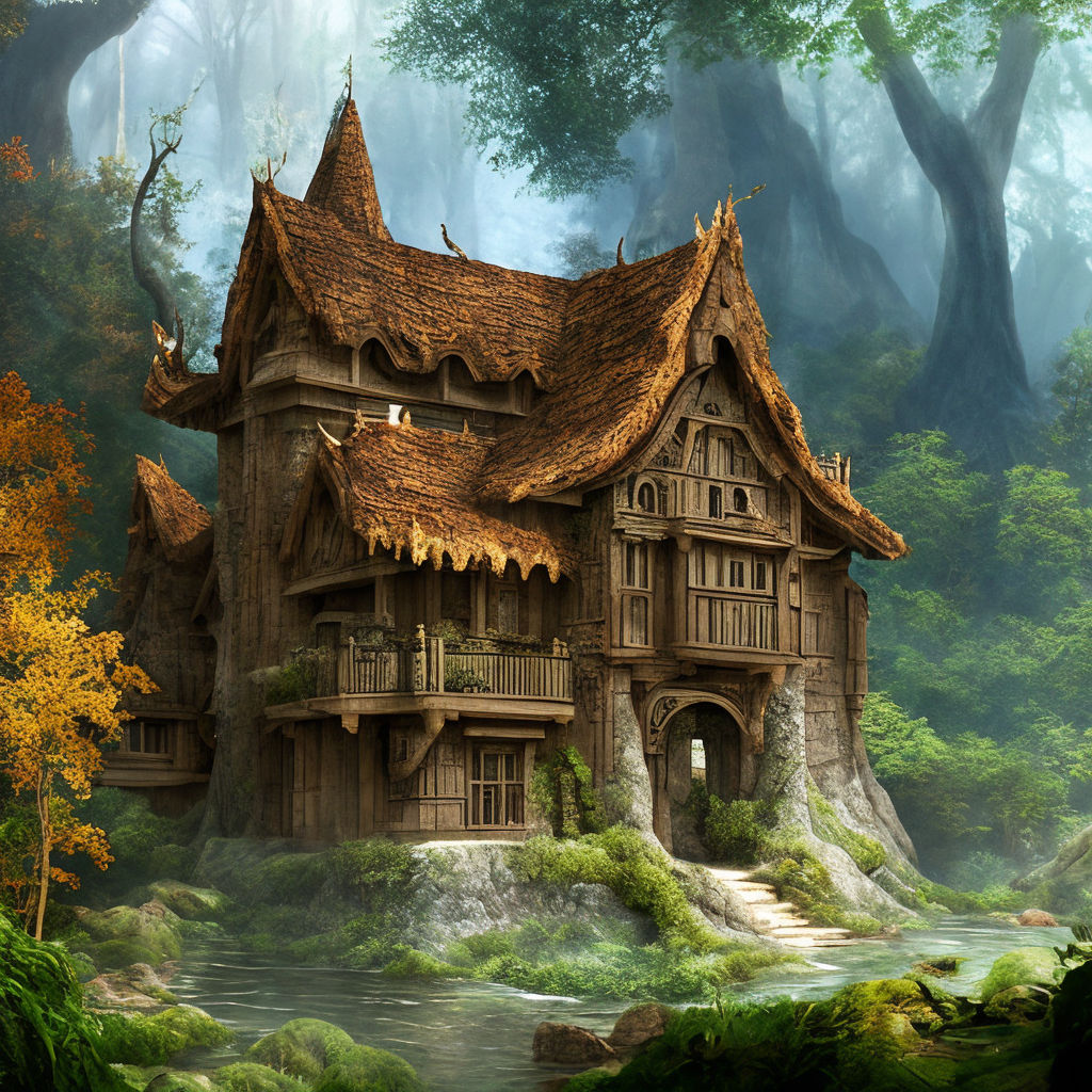 In a fantasy world an insanely detailed wooden mansion rises... by Mina - Playground