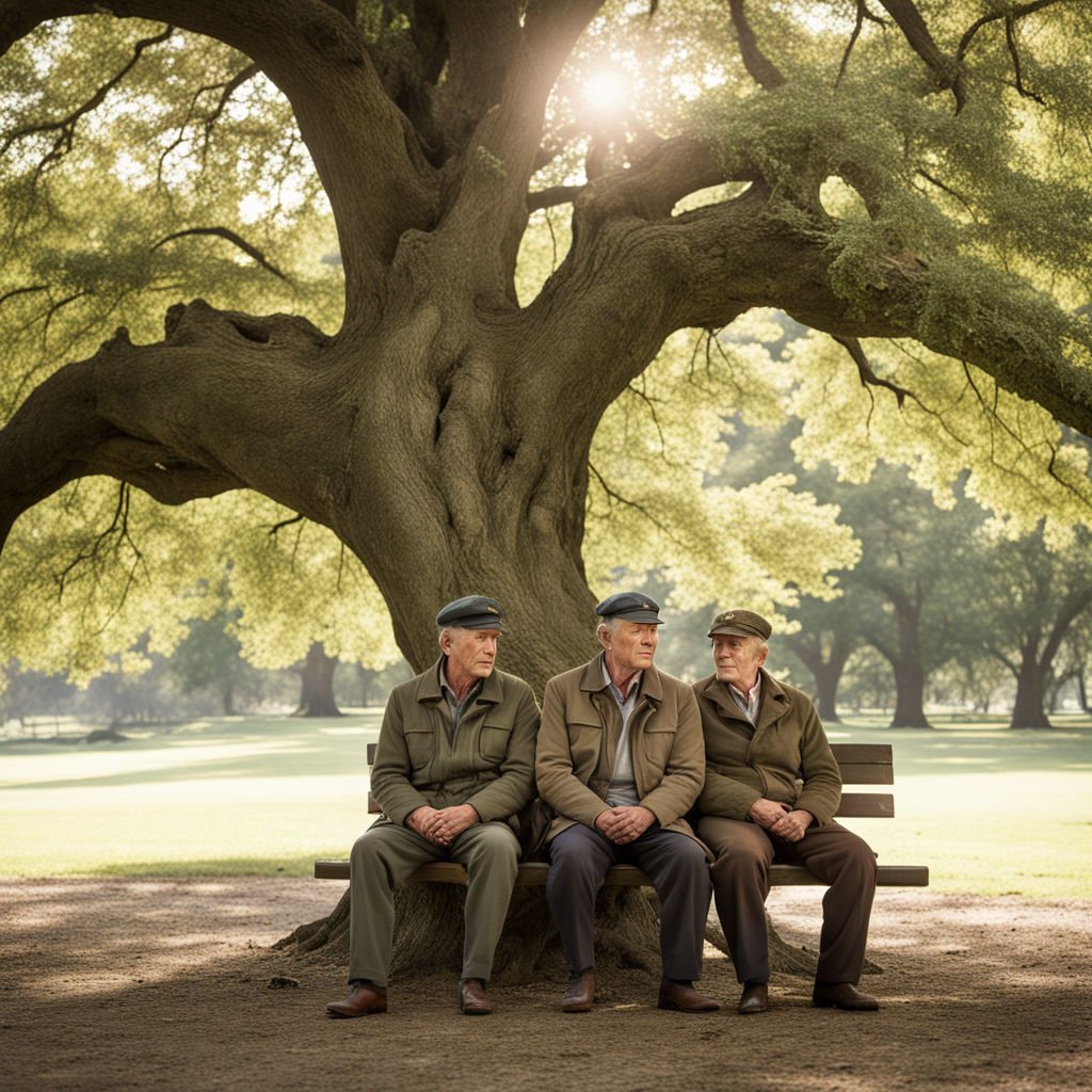 A park bench under a large oak tree with its branches castin... by ...