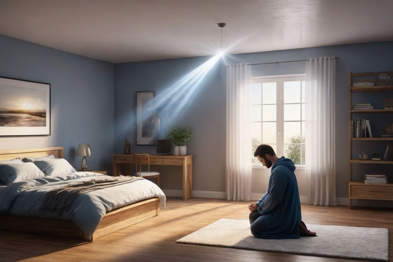 A man praying in his room with a bright light from heaven by Michele ...