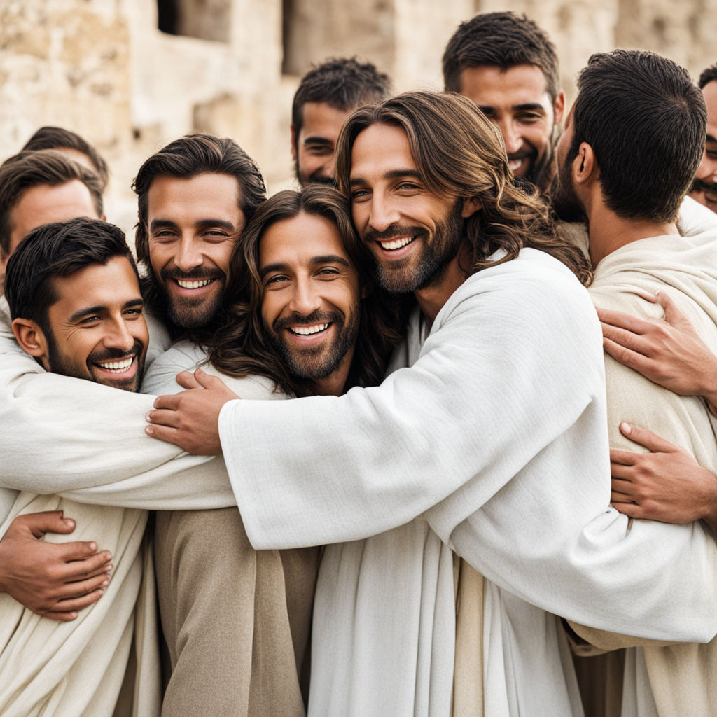 Jesus Christ smiling and hugging his disciples by LUIS PONCE - Playground