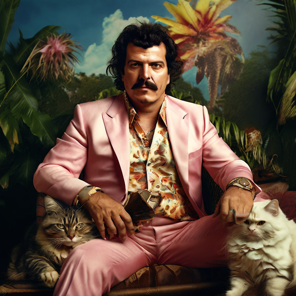 Pablo Escobar is dressed in a suit with cats and is in a psy... by ...