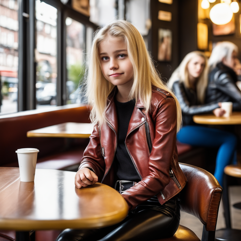 Teenage blonde girl wearing leather pant jacket in cafe with... by ...