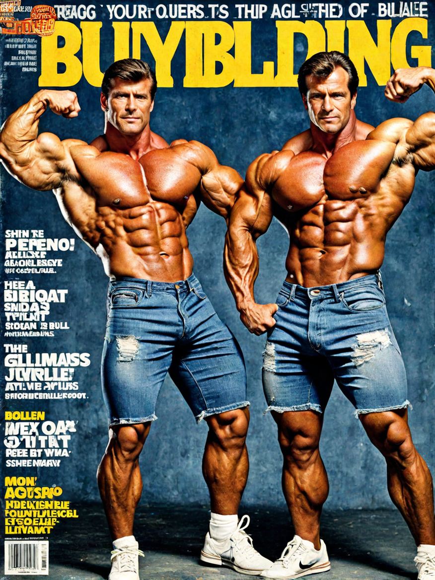 1970s-style bodybuilding magazine cover featuring two mature by Rex ...