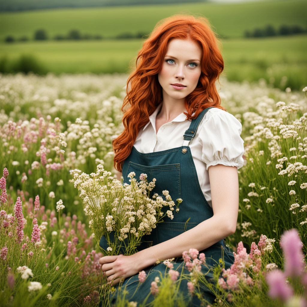 Beautiful red haired farmer girl in field of flowers by ...