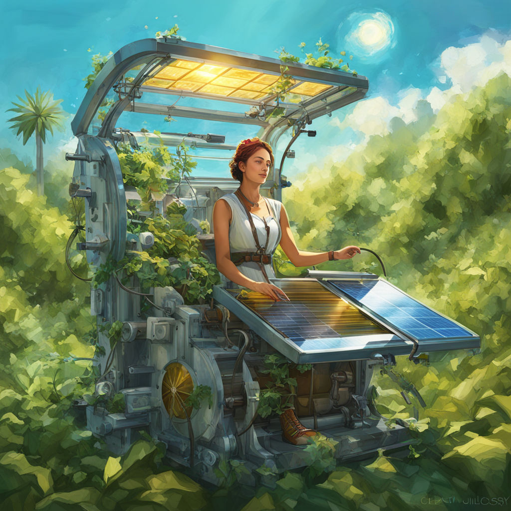 Solarpunk-style woman operating a whimsical tickling machine by borges ...