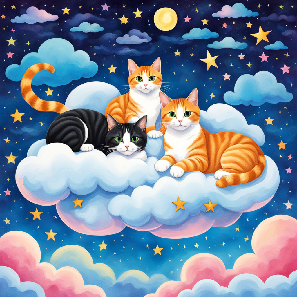 A dreamy illustation of cats lounging on clouds by Nicole Thielke ...