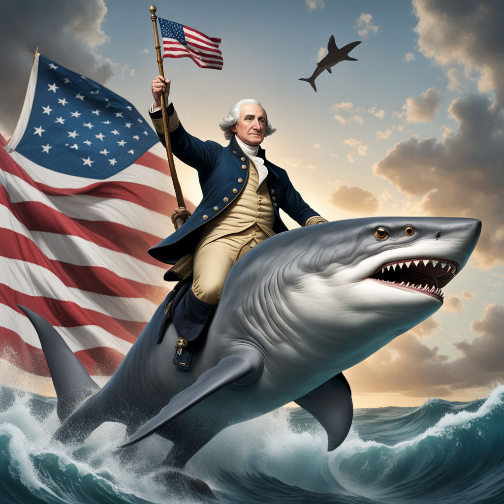 Create a high res image of george washington riding a shark ... by ...