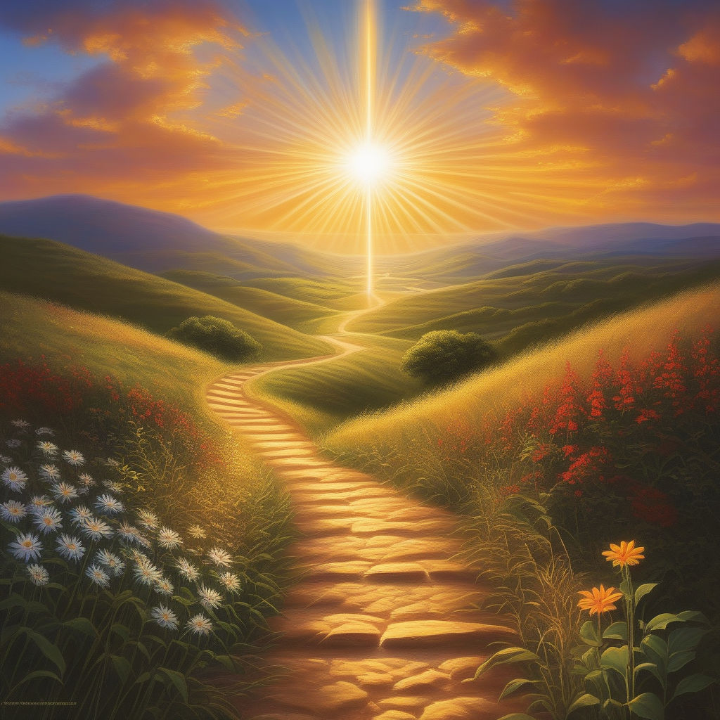 An image depicting a path illuminated by a radiant sun in th... by ...