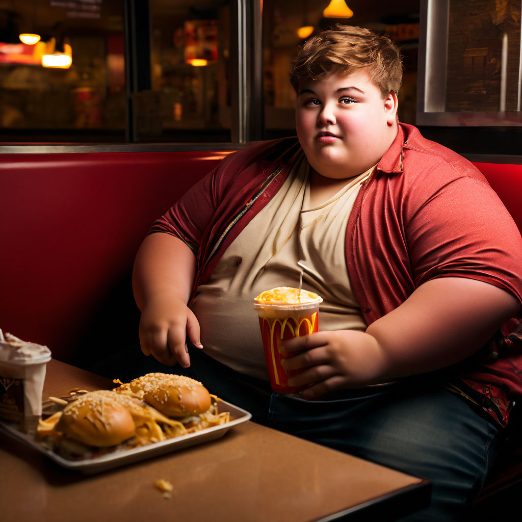 Obese cute boy 15yo shirtless eating in McDonald's by Gabriel F - Playground