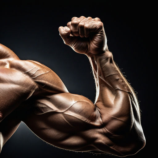 A muscular arm flexing with visible veins pulsating under th... by ...