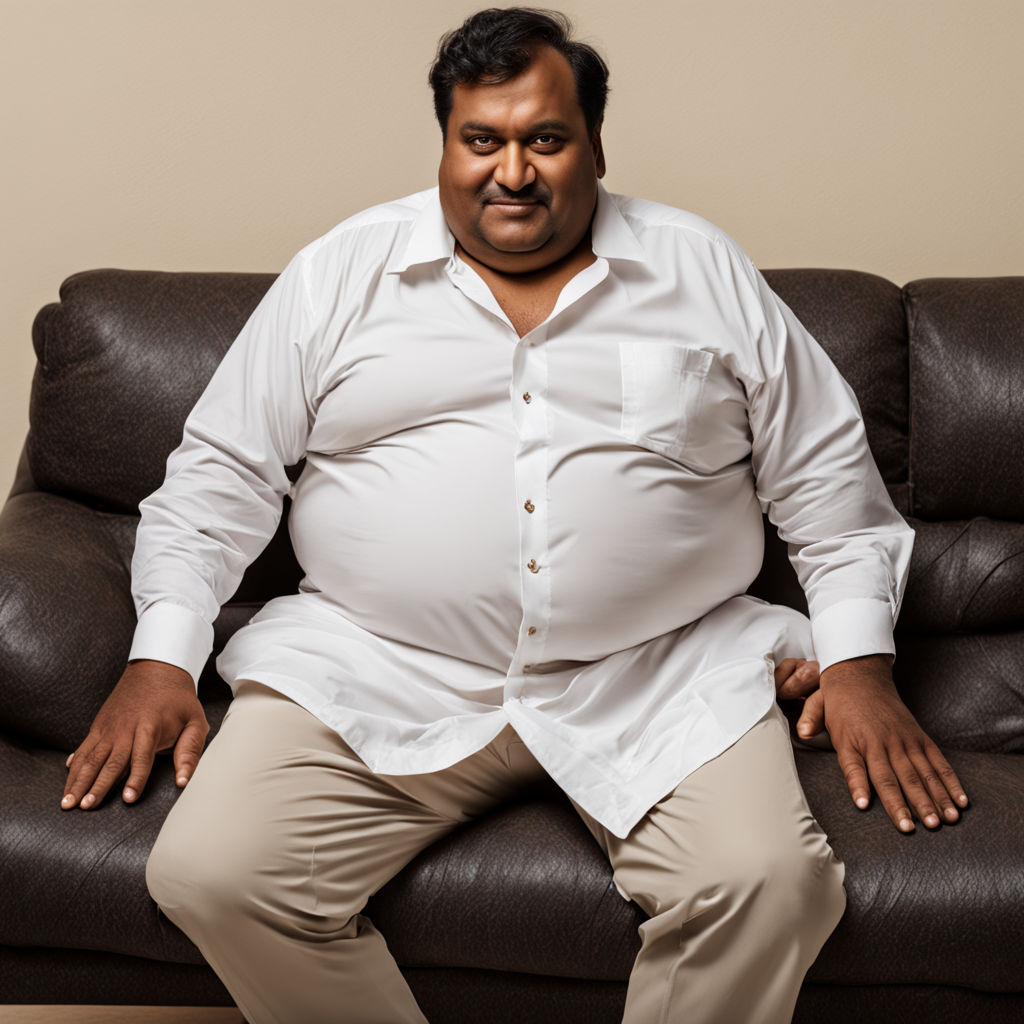 Big fat belly indian auncle wear indian white shirt sat on a... by ...