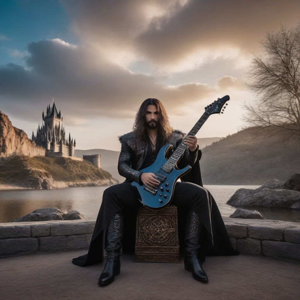 A thin shot hair man with a black electric guitar Ibanez jem... by ...