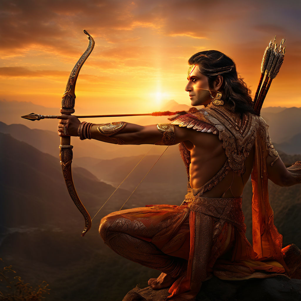 Lord Rama aiming his bow and arrow skyward by Monish Gore - Playground