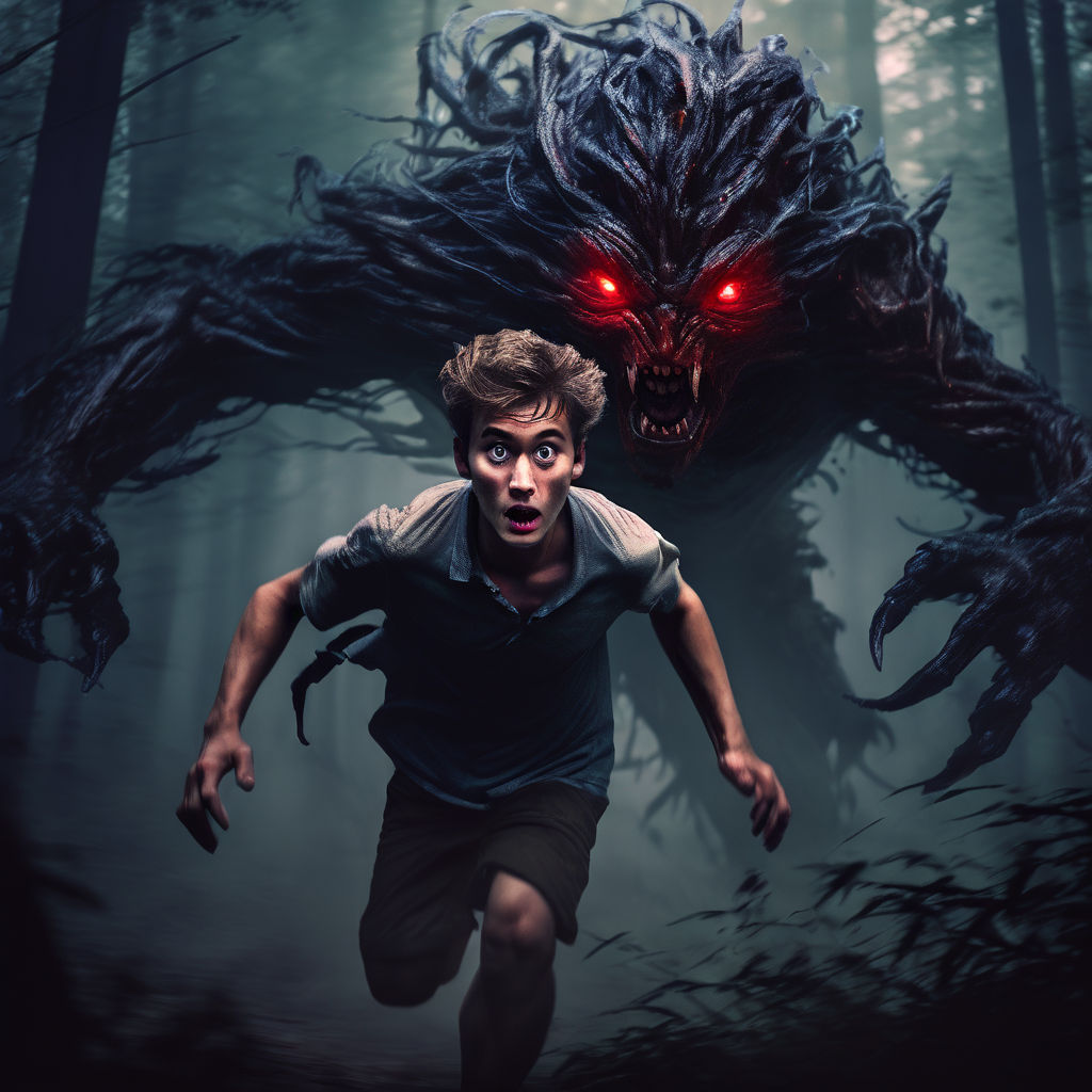 Create a young man running away terrified from a monster wit... by ...