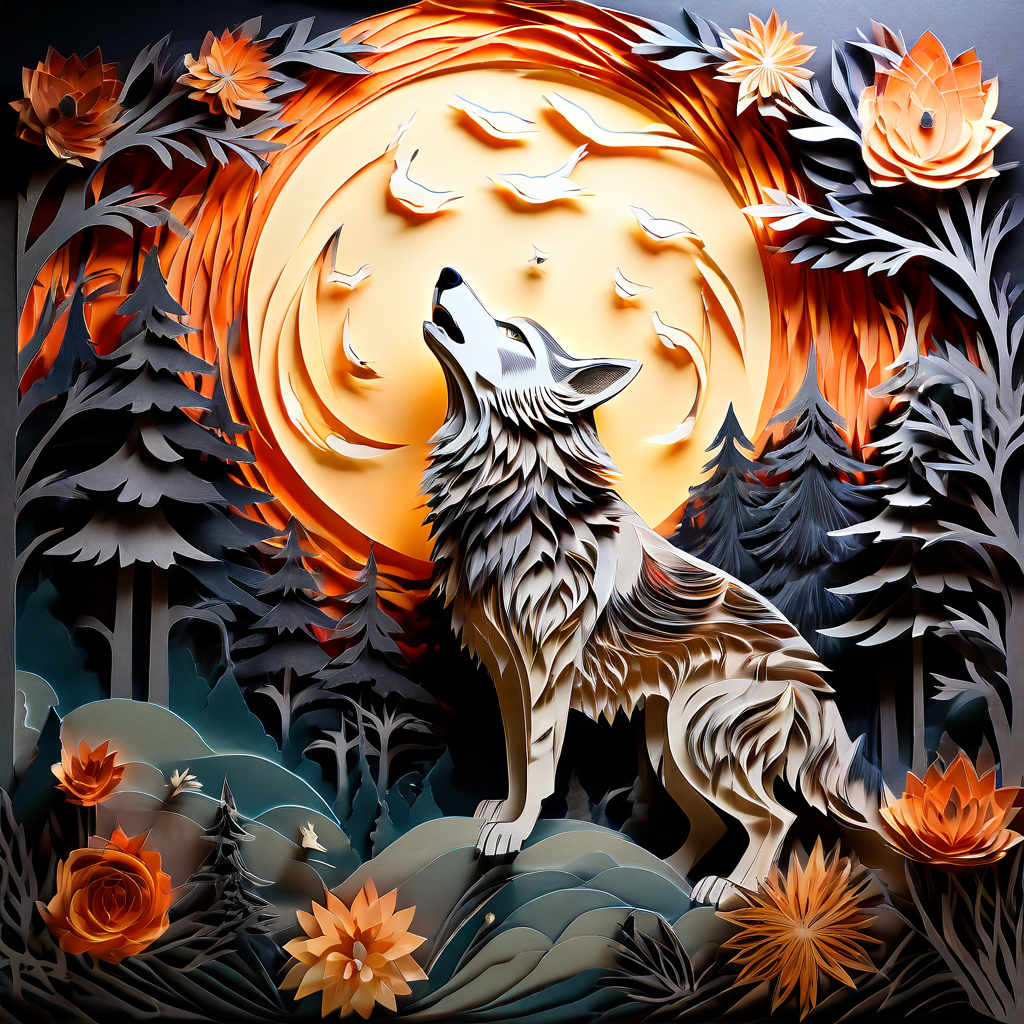 Thick layered papercut art of howling wolf full moon in back... by Demo ...