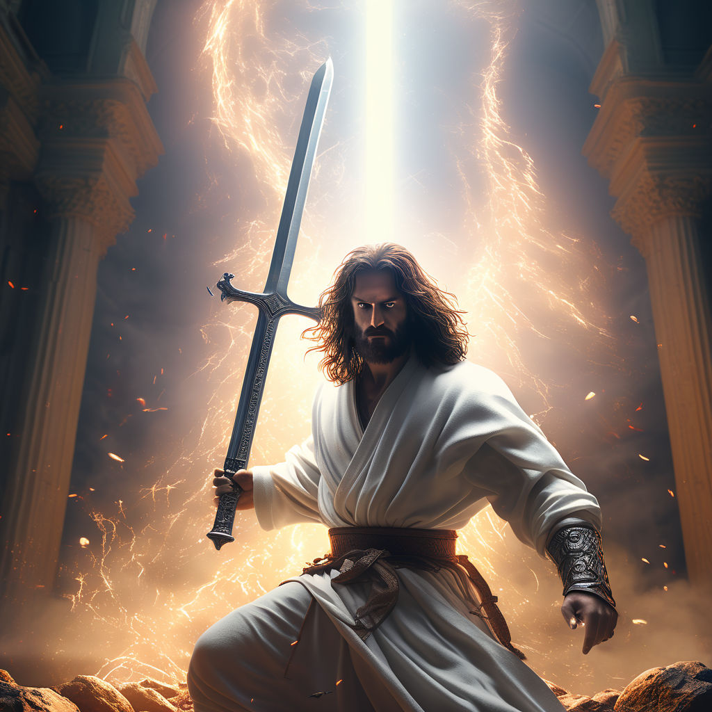 Jesus Christ with sword facing a demon by Conta Historia - Playground
