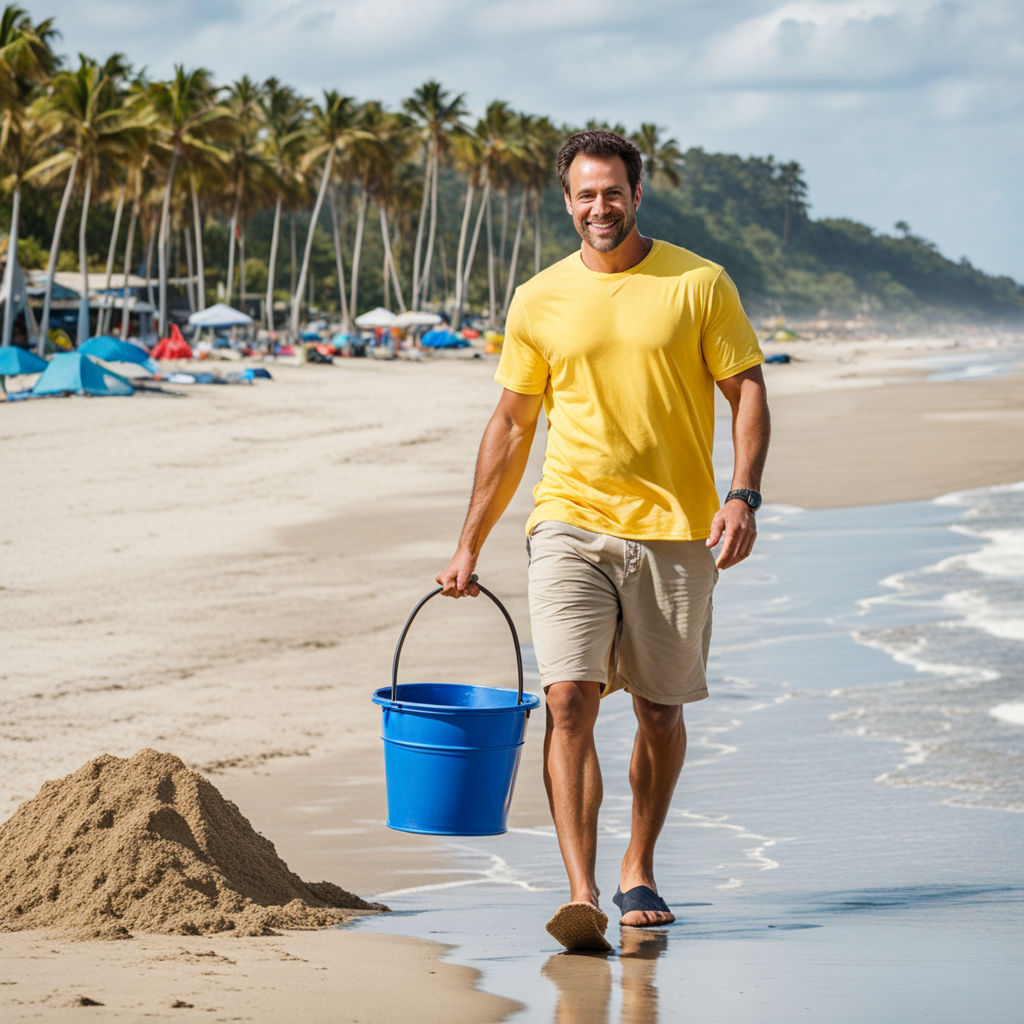 Create a realistic and dynamic scene of a man bringing sand ... by Maja ...