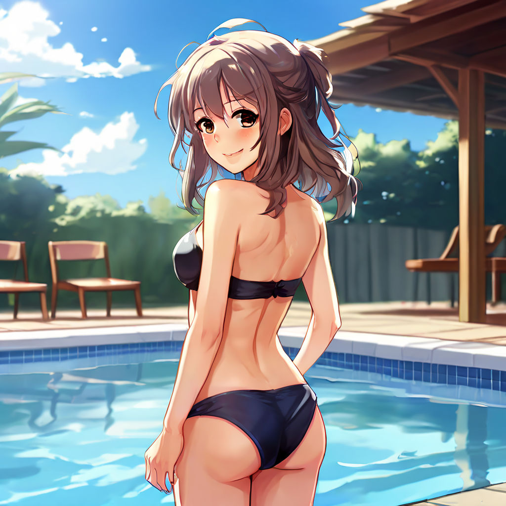 A cute anime woman wearing a bikini at a pool showing her bu... by ... A cute anime woman wearing a bikini at a pool showing her bu... by ...