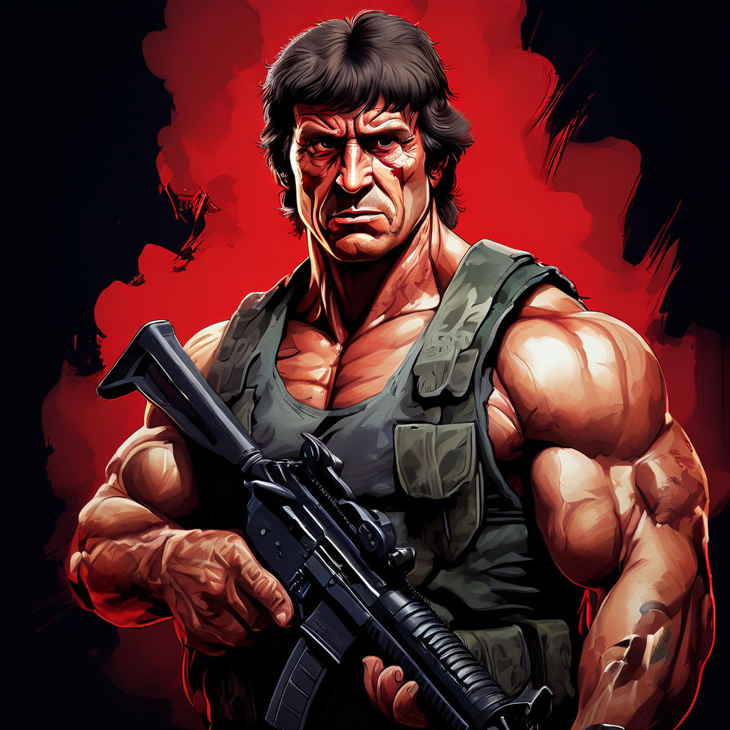 Genera una caricatura de rambo con su cintillo rojo en la fr... by ...