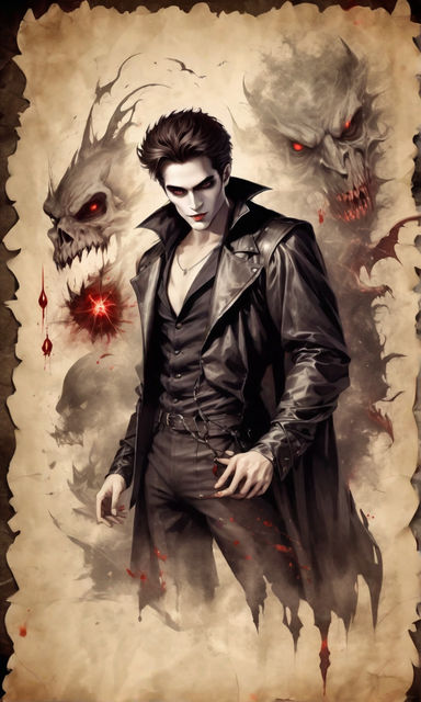 Old paper parchment with handsome vampire in full growth by Artis ...