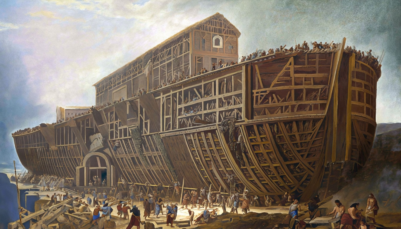 Depict the massive construction of the Ark with detailed foc... by Leo ...
