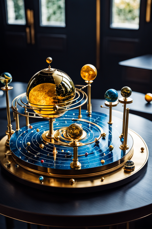 Orrery model of the solar system made of gold and glass on a... by Rico ...