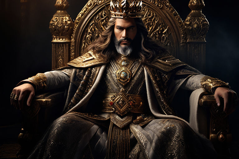 Generate an image depicting a powerful king seated upon his ... by ... Generate an image depicting a powerful king seated upon his ... by ...