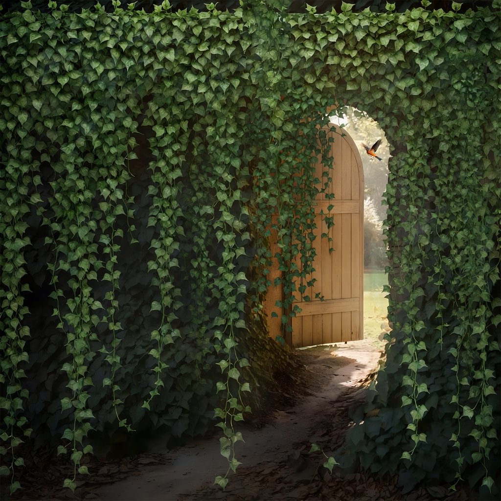 Layers of thick ivy vines surround a stone archway that lead... by Sam ...