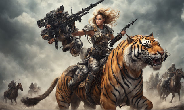 Beautiful warrior tiger with a machine gun riding on horse by johnson ...