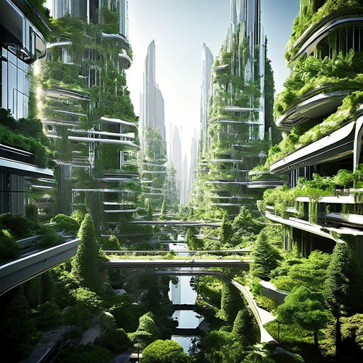 An fictional urban landscape of the future. Include greenery... by ...