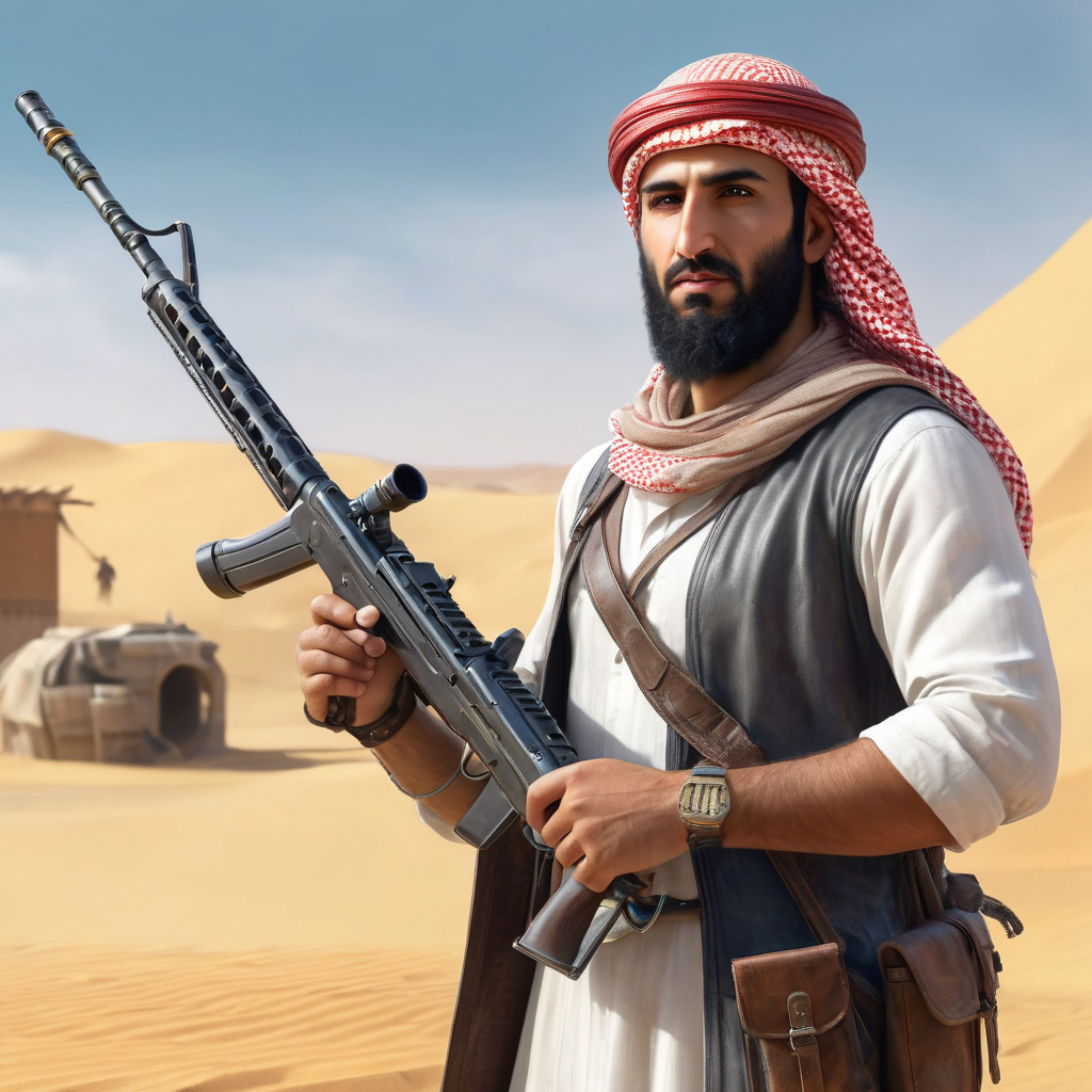 An Arab with a hat on his head peeks quickly with an rpg wea... by ...