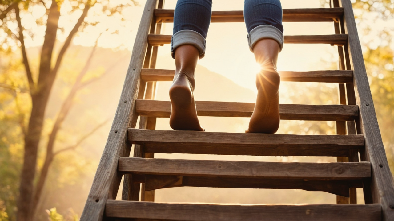 Illustration of a person ascending a short ladder by Devaki Wolfender ...