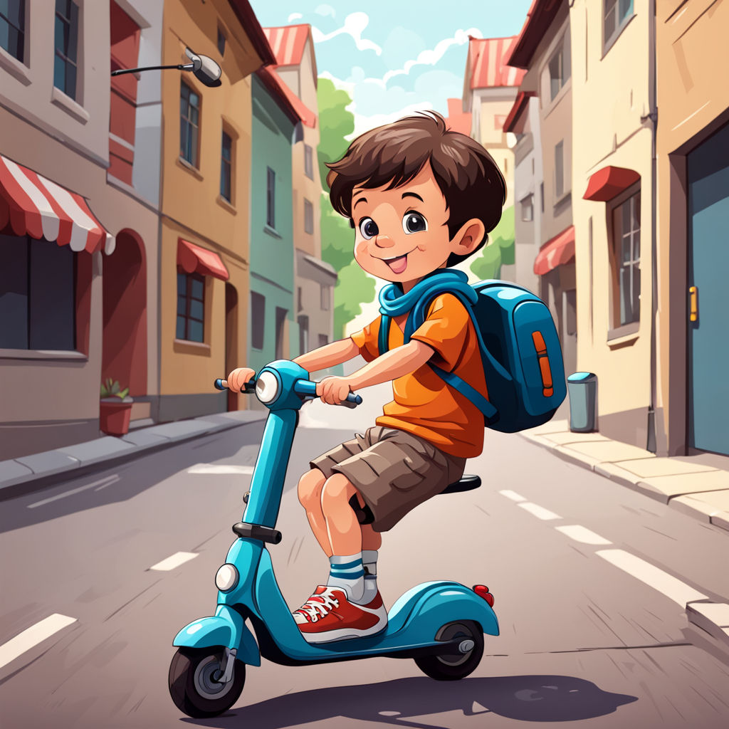 Cute little boy riding scooter in cartoon style by Mulka Mal - Playground