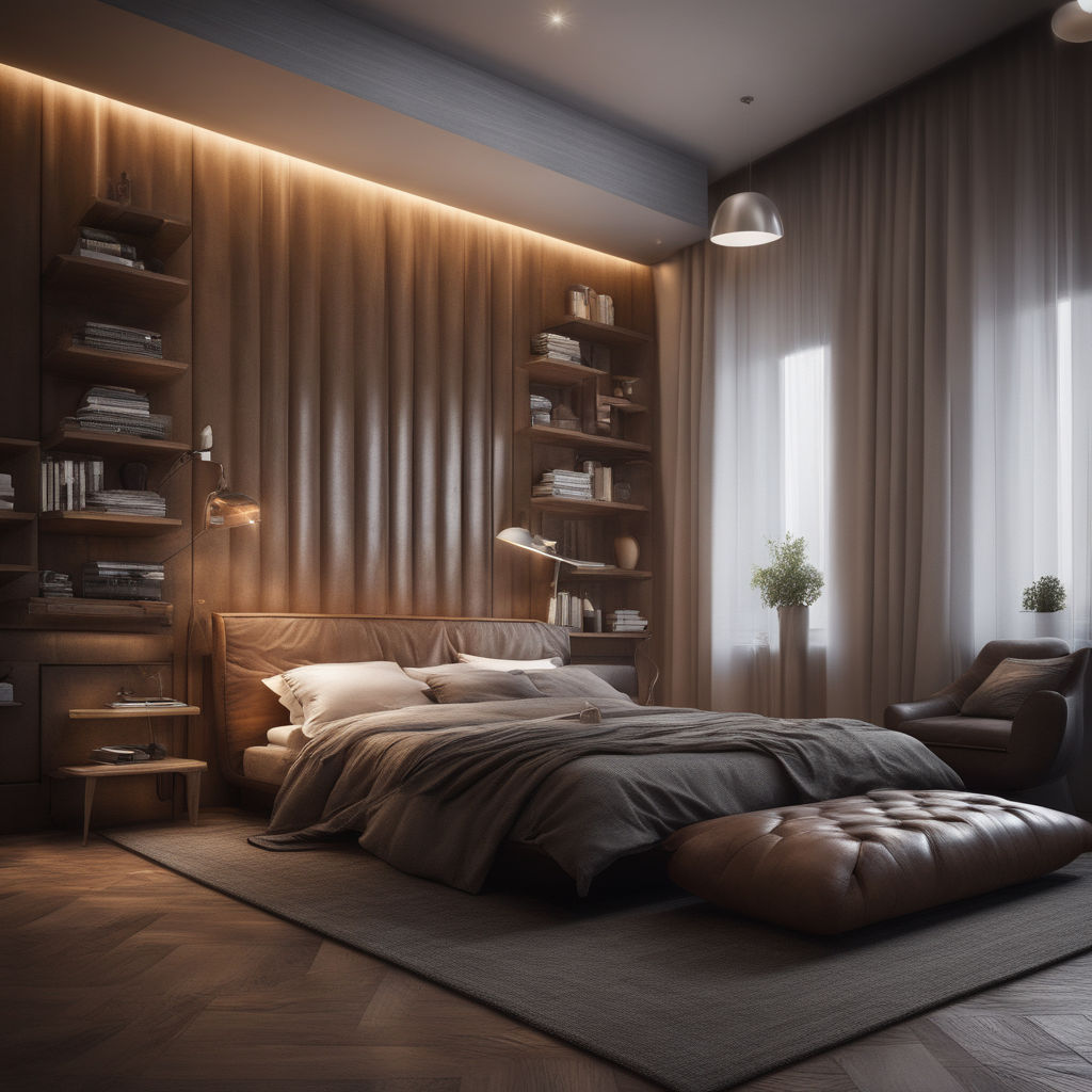 A "comfy" themed male modern bedroom. hyperrealistic photo by David ...