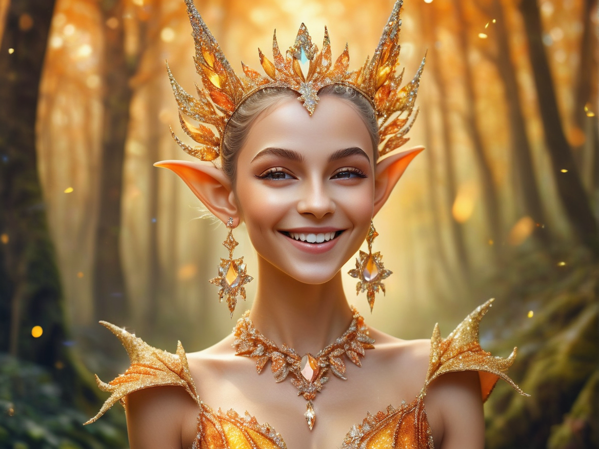 A radiant elf lady with pointed ears smiling enchantingly by Deborah ...