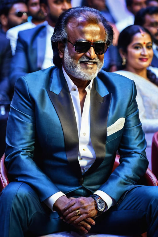 A raw photo of Rajinikanth sitting on a chair at a film awar... by ...