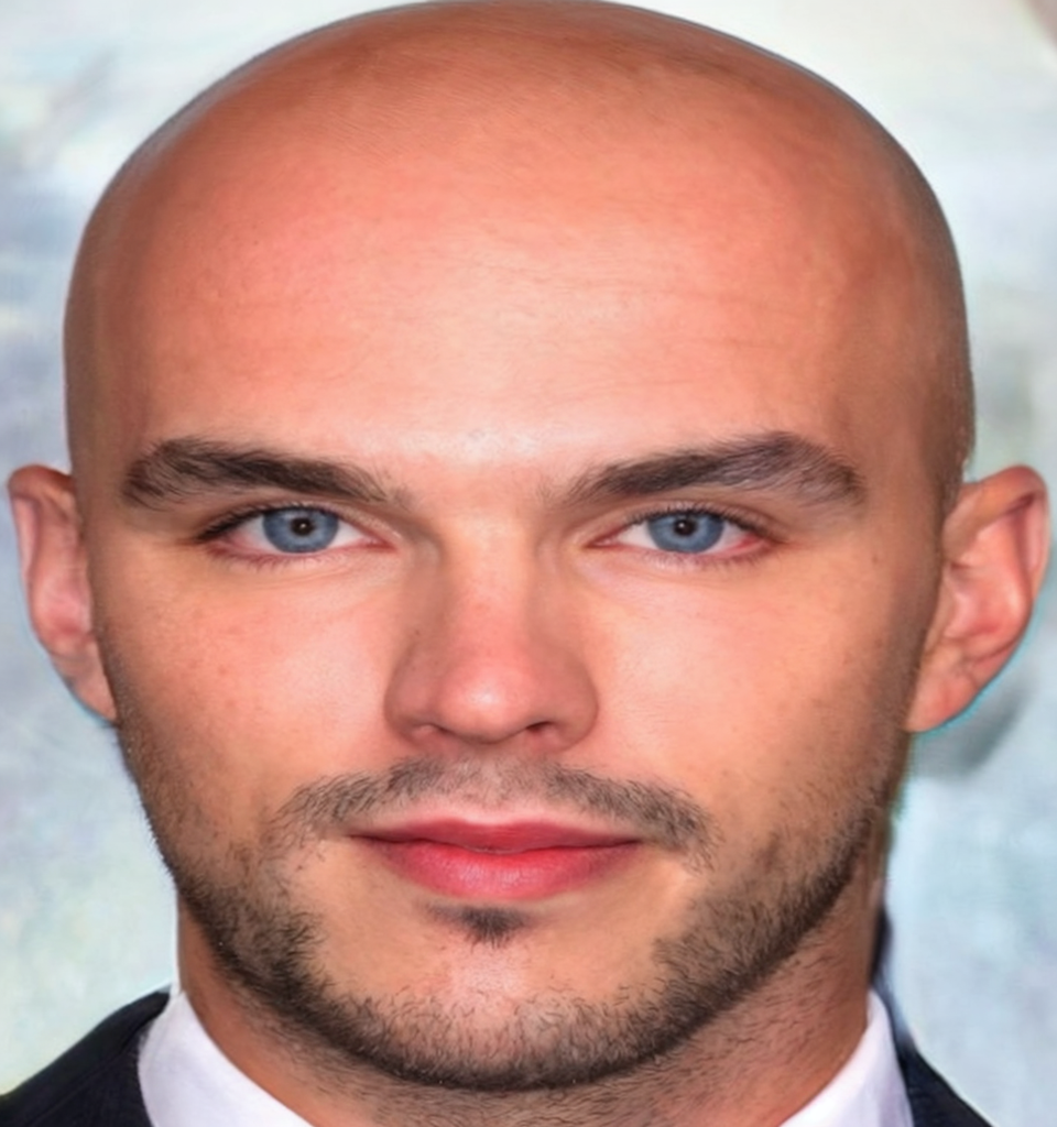 Portrait of a bald Nicholas Hoult displaying his natural com... by ...
